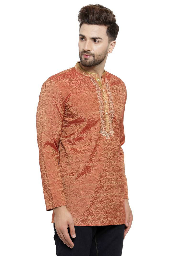 Red embroidered cotton men-kurtas - Arch Element - 2942729