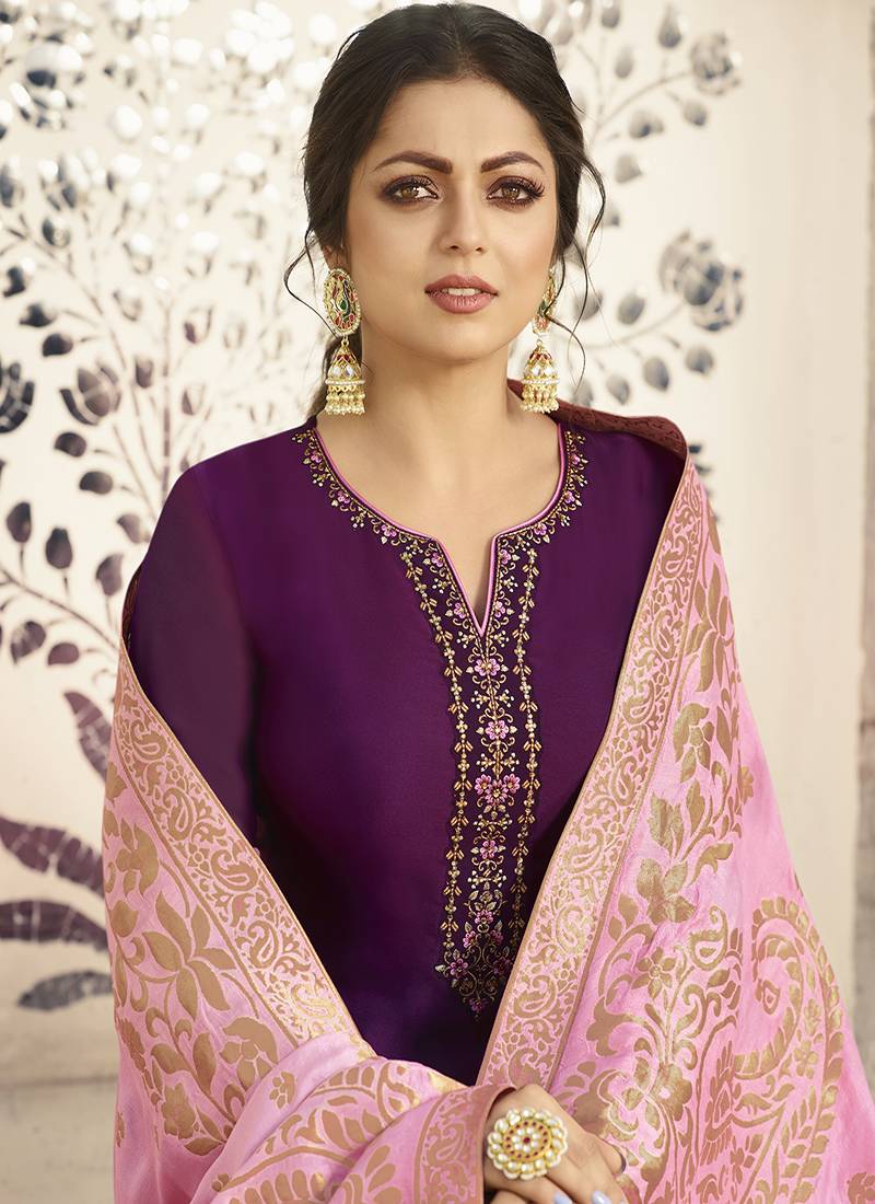 Purple embroidered satin salwar - Monjolika - 2946078