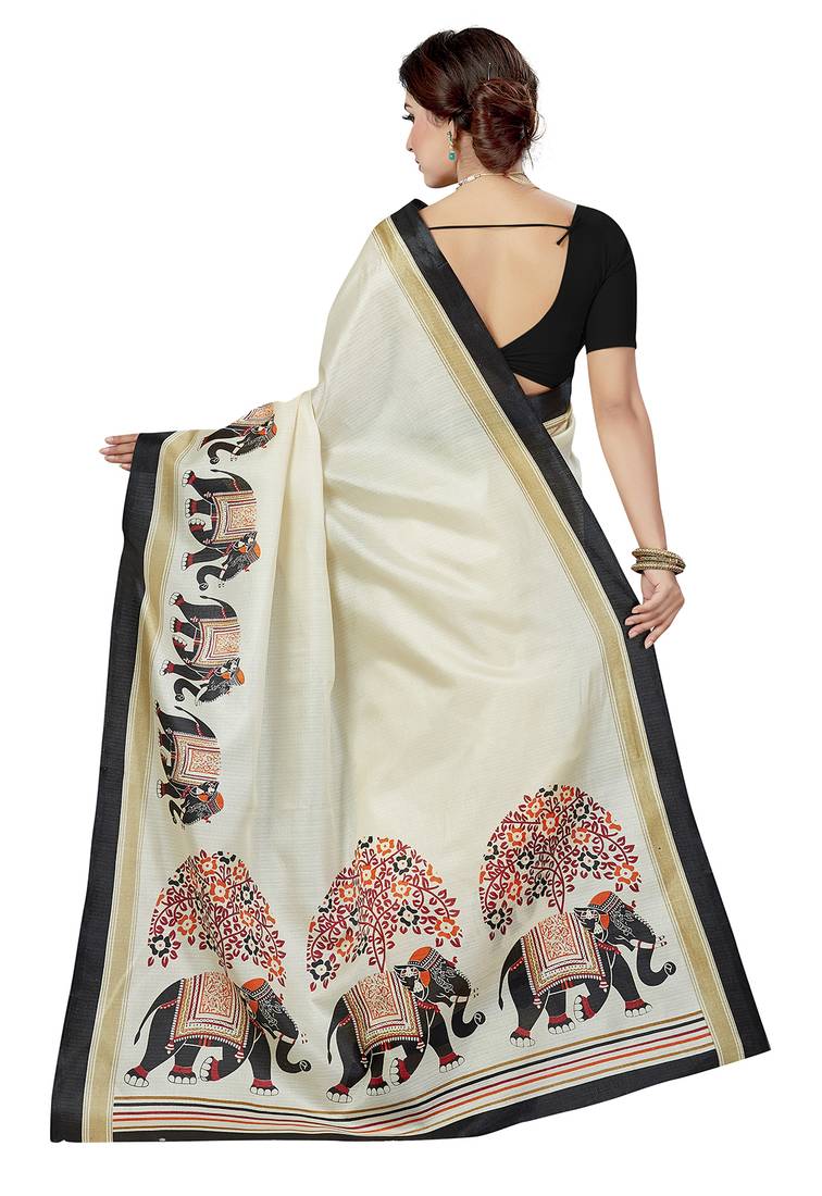 White Printed silk blend saree with blouse - Ishin - 2949796