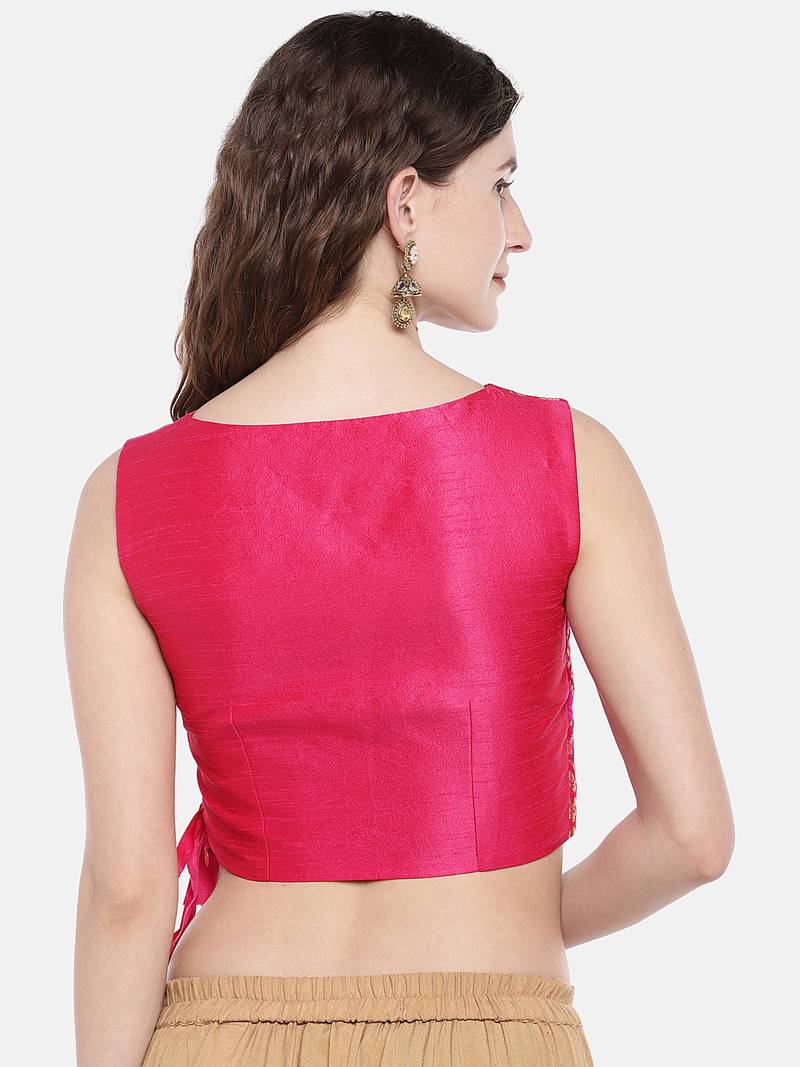 pink Padded Blouse with ethnic patola brocade overlap - JustB - 2953684