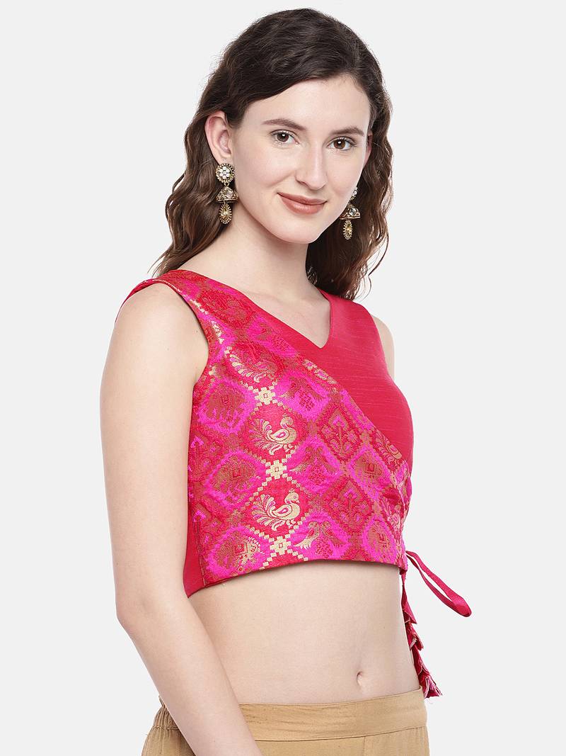 pink Padded Blouse with ethnic patola brocade overlap - JustB - 2953684