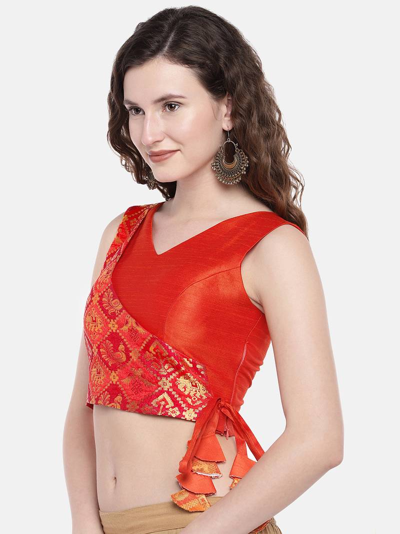 orange Padded Blouse with ethnic patola brocade overlap - JustB - 2953724