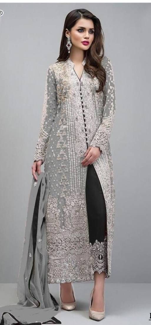 Grey embroidered georgette semi stitch suit - Ethnic libaas - 2958764