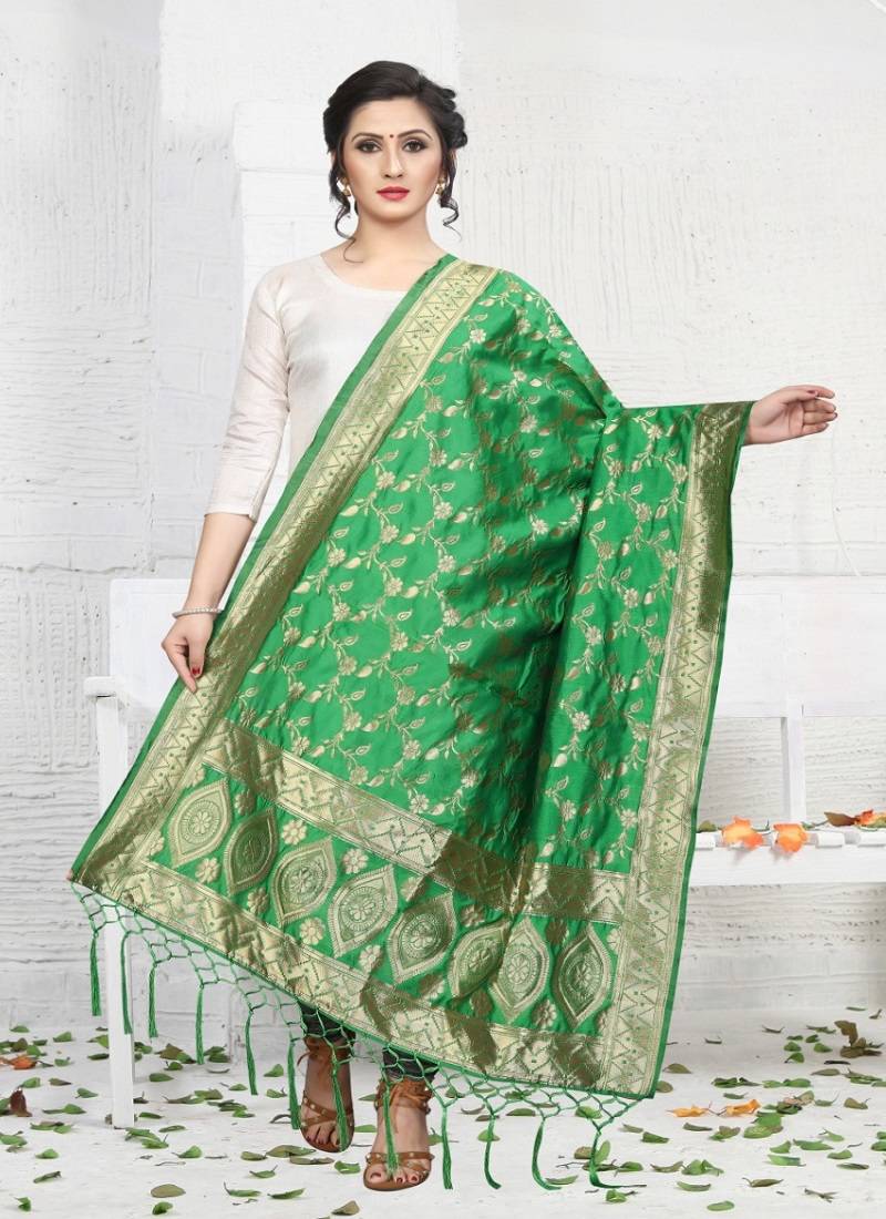Green banarasi weaving silk only dupatta - TAGLINE SILK MILL - 2960420
