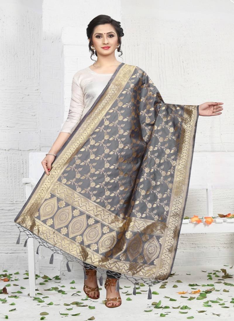 Grey banarasi weaving silk only dupatta - TAGLINE SILK MILL - 2960421