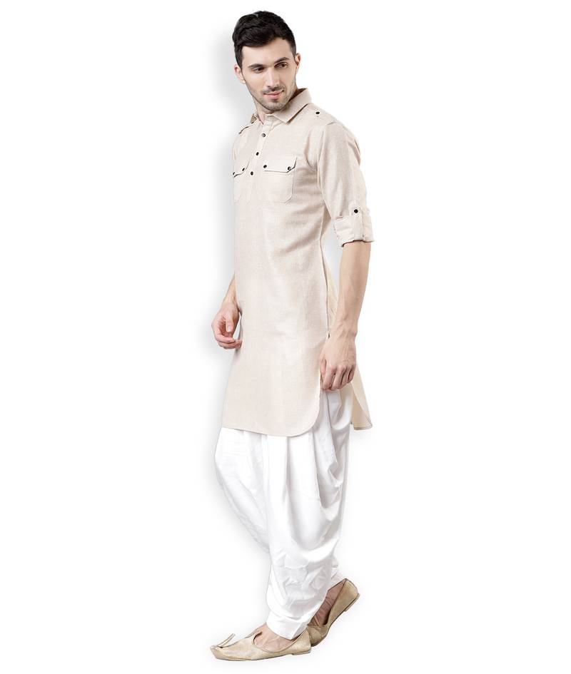 Svanik Beige Solid Blended Straight Pathani Kurta - Svanik - 2962141