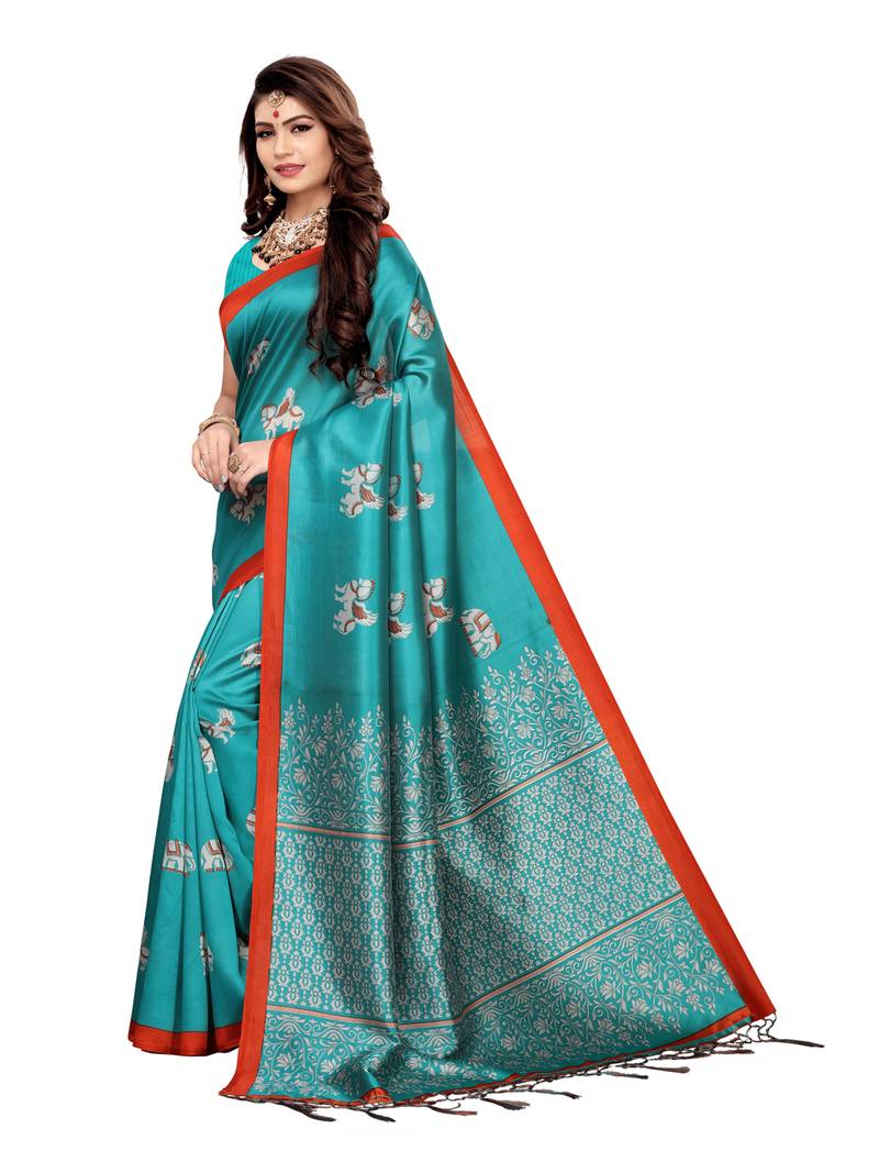 Turquoise printed poly silk saree with blouse - Satrani Fashion - 2962314