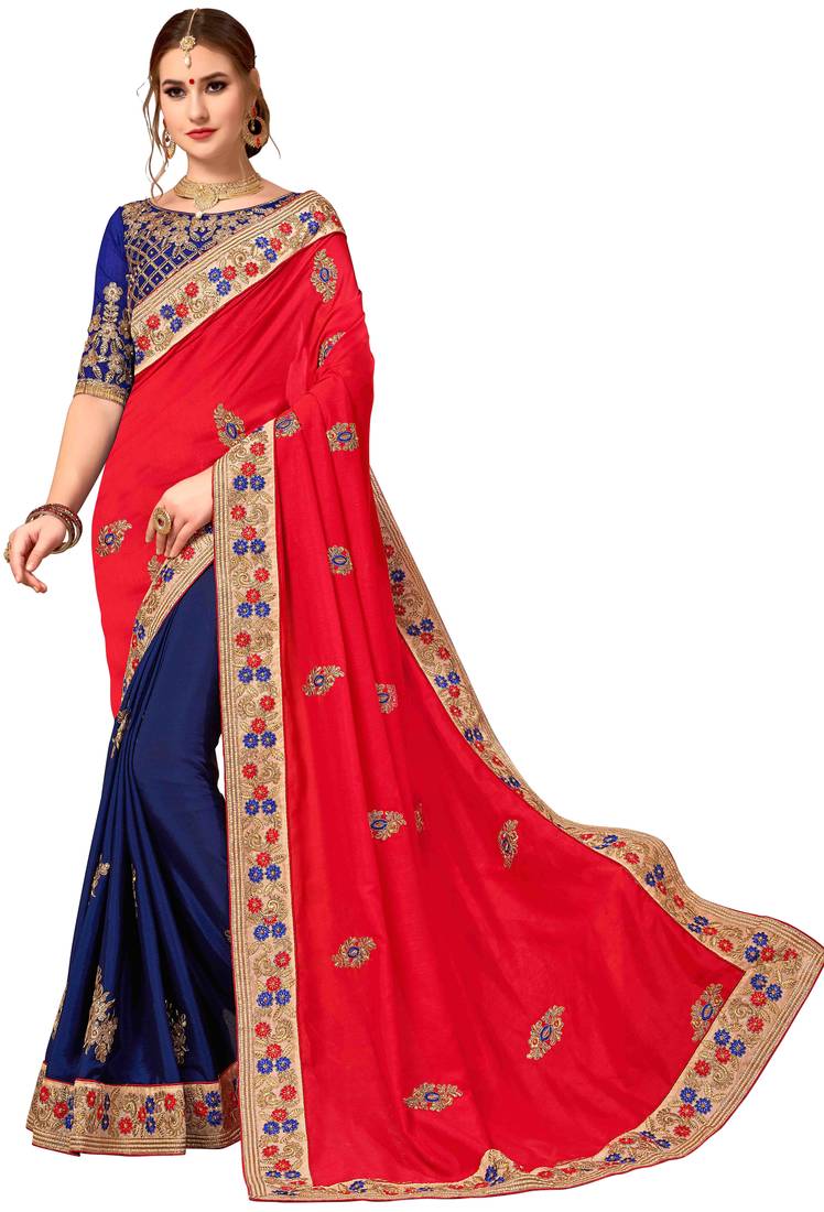 Red embroidered crepe saree with blouse - Vardan Ethnic - 2962837