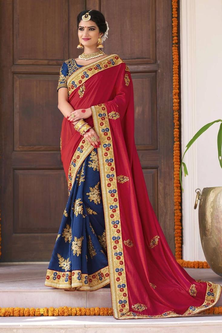Red embroidered crepe saree with blouse - Vardan Ethnic - 2962837