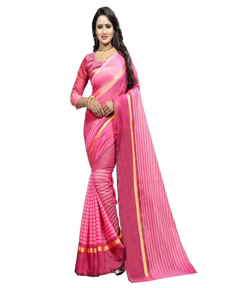 Dark Rani Pink Plain Chanderi Saree With Blouse - Pradeep Fashion - 2963503