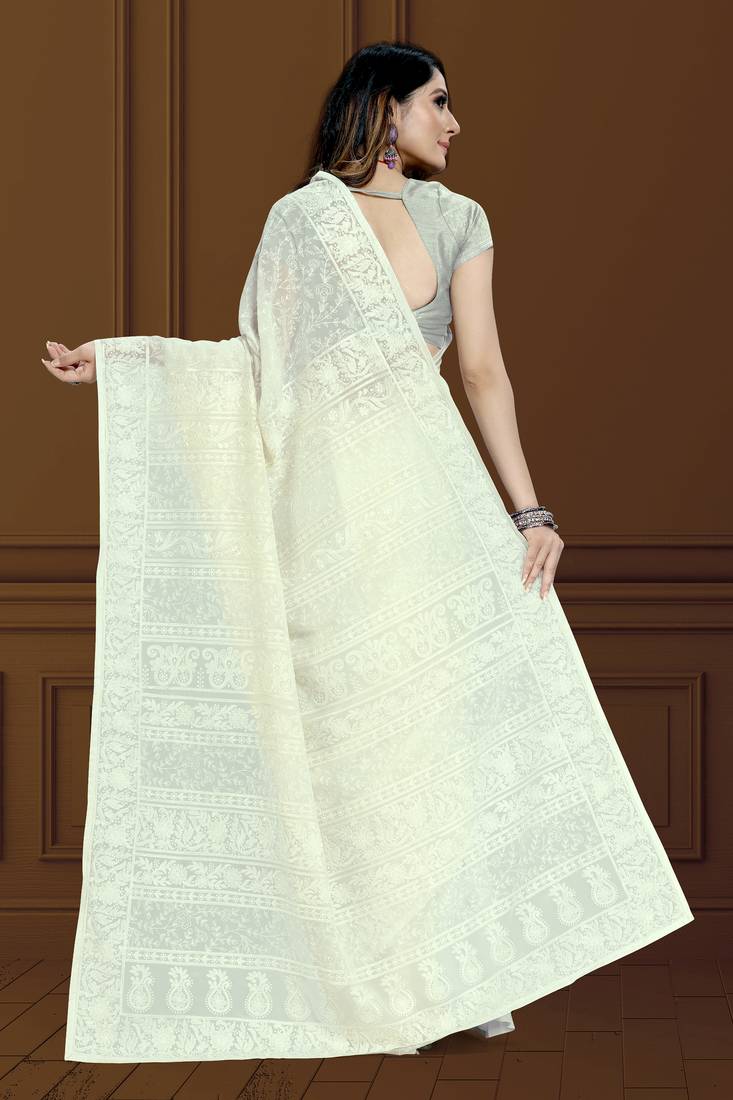 White finest of thread embroidery in Lucknowi style saree with heavy ...