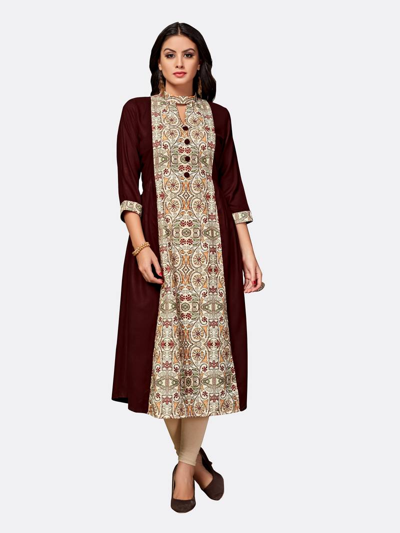 Brown printed polyester kurtas and kurtis - Elevate Women - 2965643