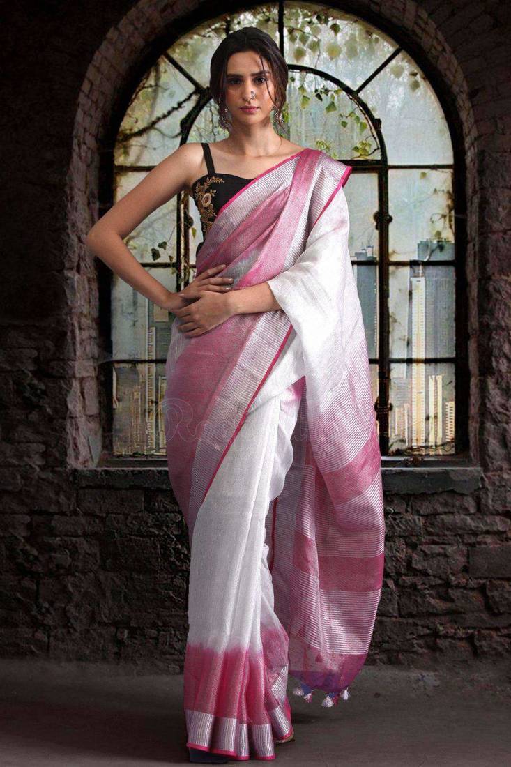 White Linen Tissue Saree With Zari Border - ROOPKATHA - 2966381