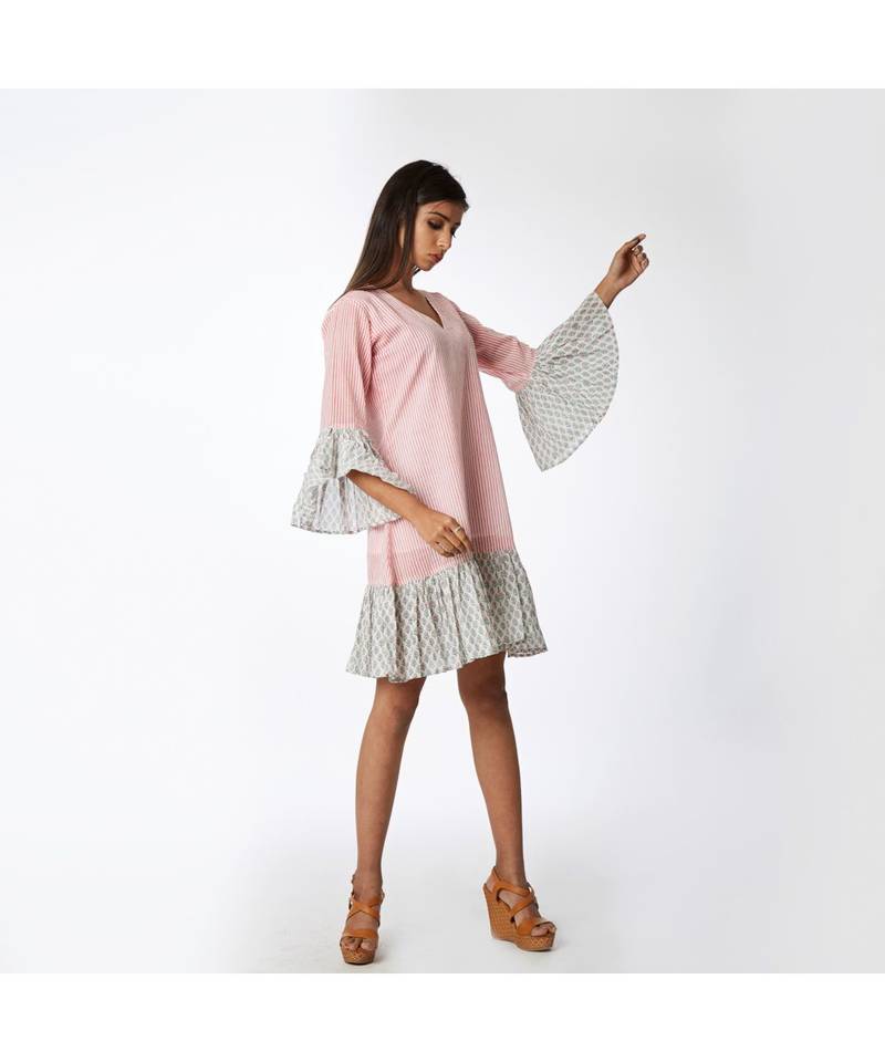 pink Striped frill Short Dress - Pink Lemon - 2967247