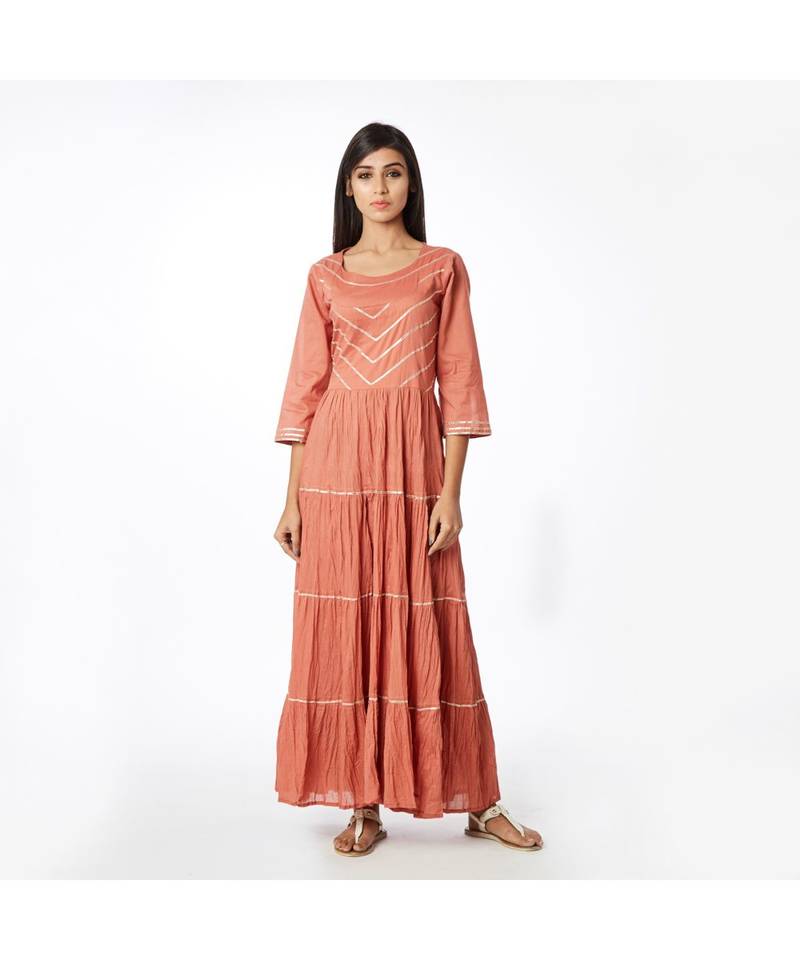 orange Long Tier Dress in Rust Color - Pink Lemon - 2967261