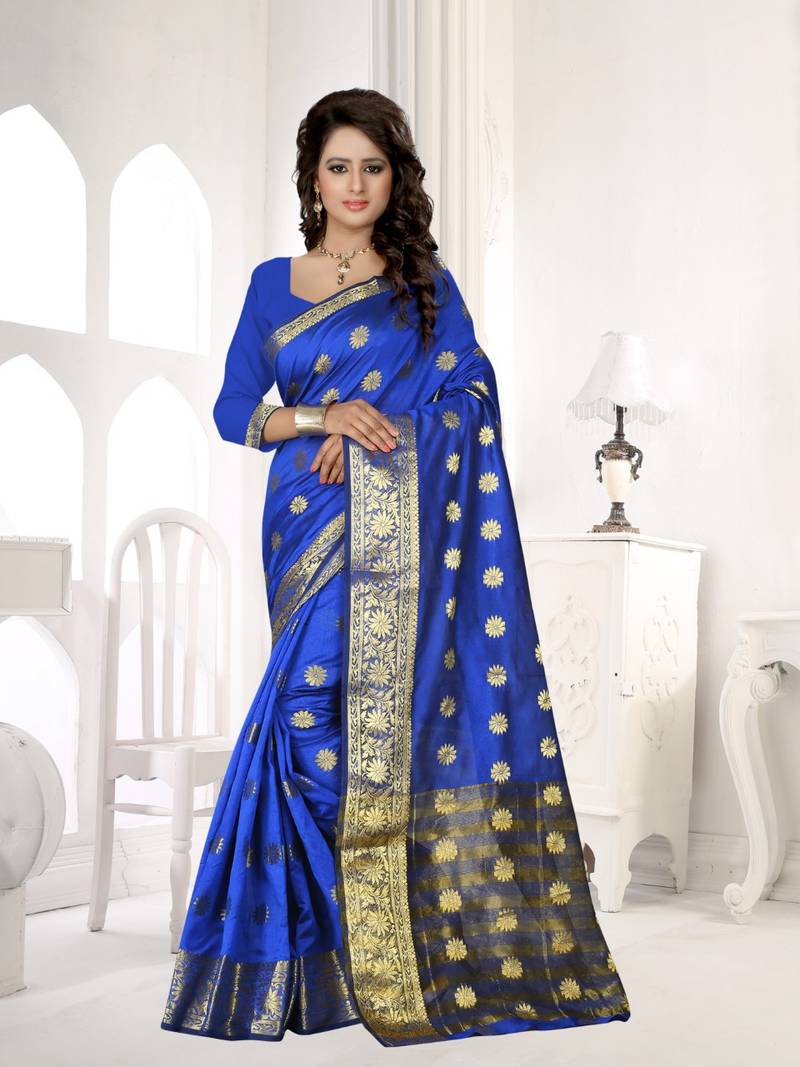 Royal blue woven cotton silk saree with blouse - BORSA - 2967650