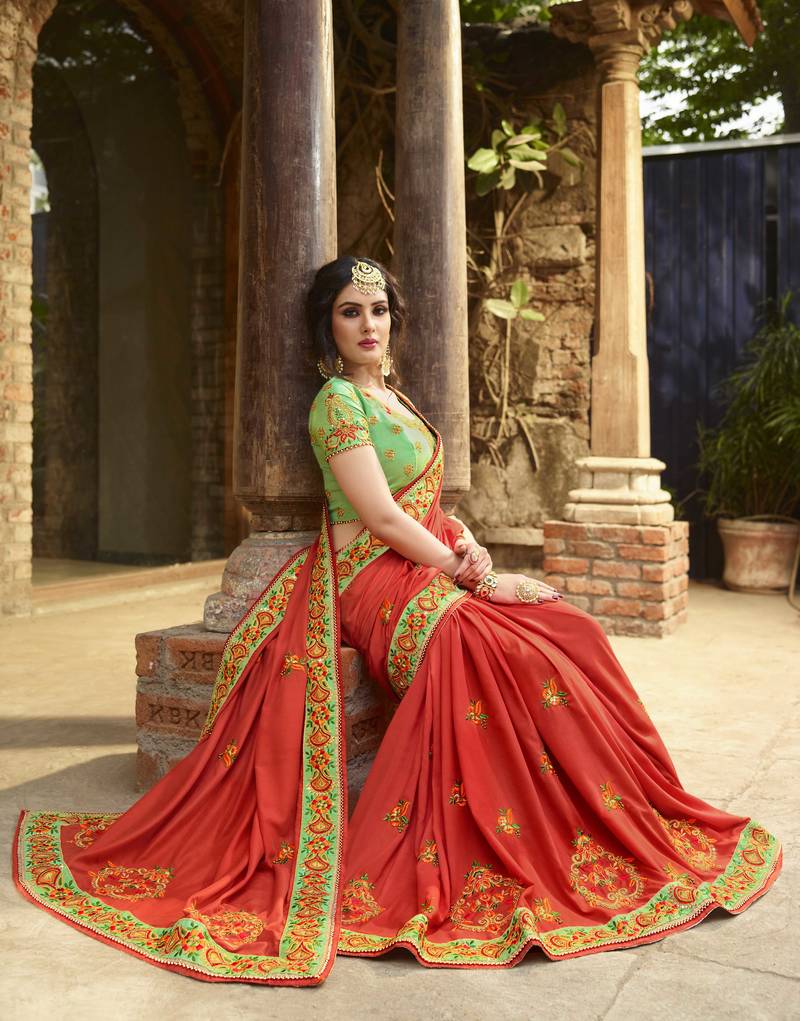 Rust embroidered silk saree with blouse - Chahat Art Gallery - 2975361