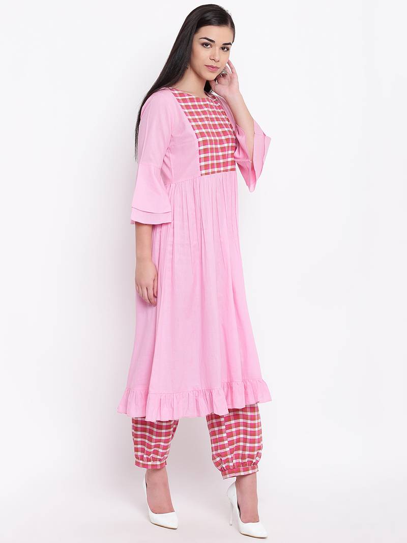 Pink plain Cotton kurta sets - FABNEST - 2976753