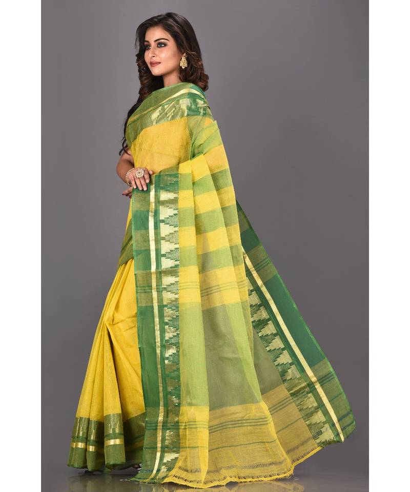 yellow plain Cotton saree - Buymyethnic - 2979035
