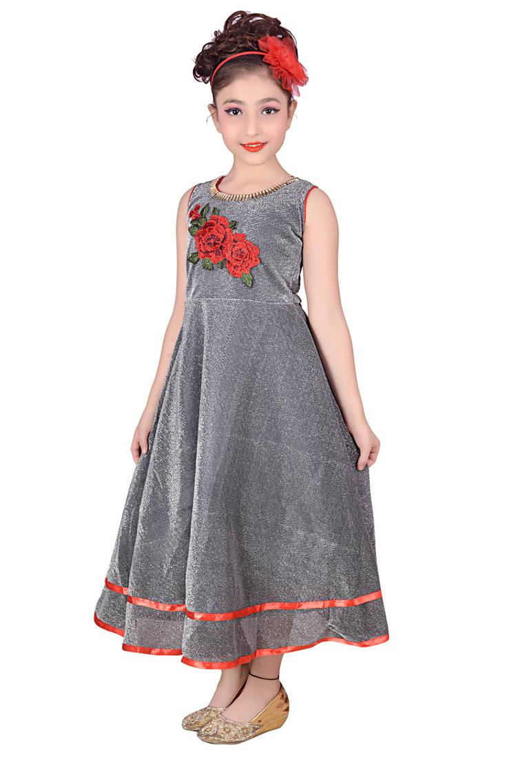Grey Embroidered Super Net Kids Frocks - Kbkidswear - 2982306
