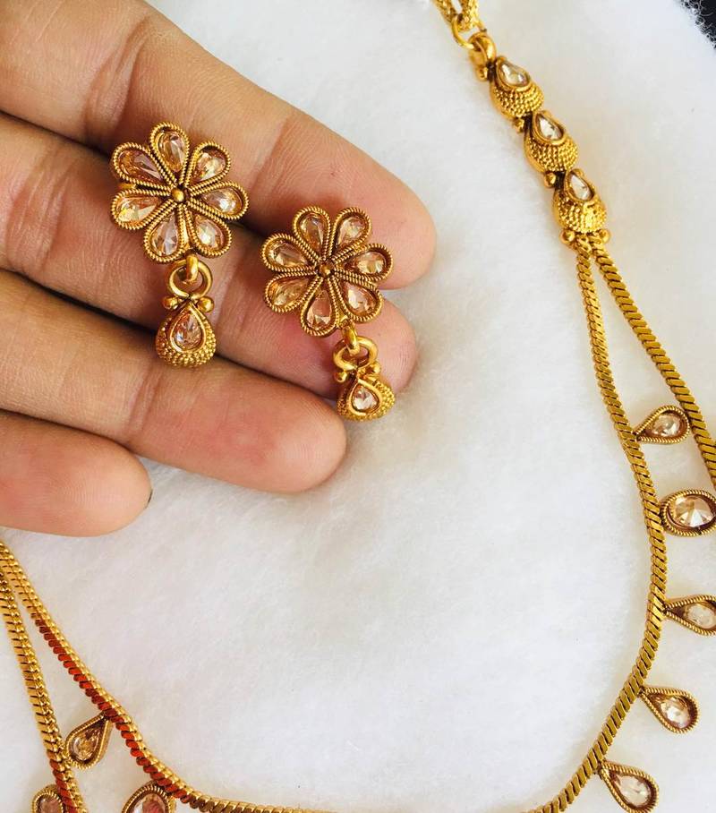 Polki Gold Plated Delicate 2 Line Necklace Earring Set - ETHNIC INDIA ...