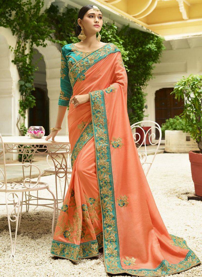 Coral embroidered silk saree with blouse - Chahat Art Gallery - 2983648