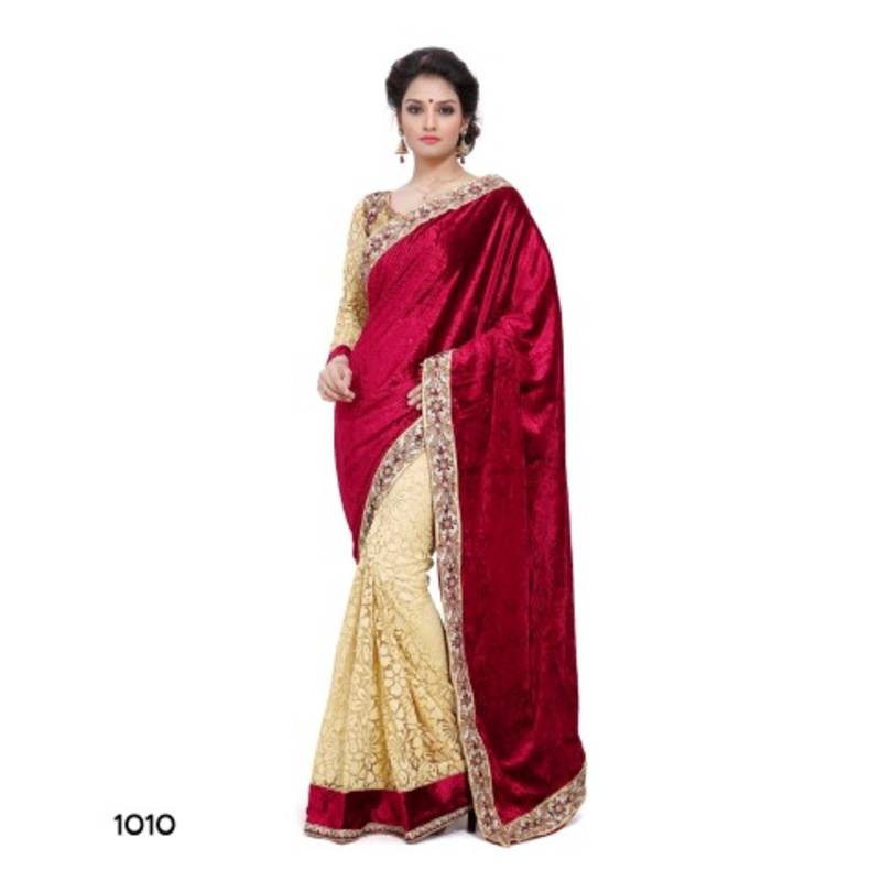 Maroon Half Half Velvet Embroidery Saree With Blouse - Bikaw - 356607
