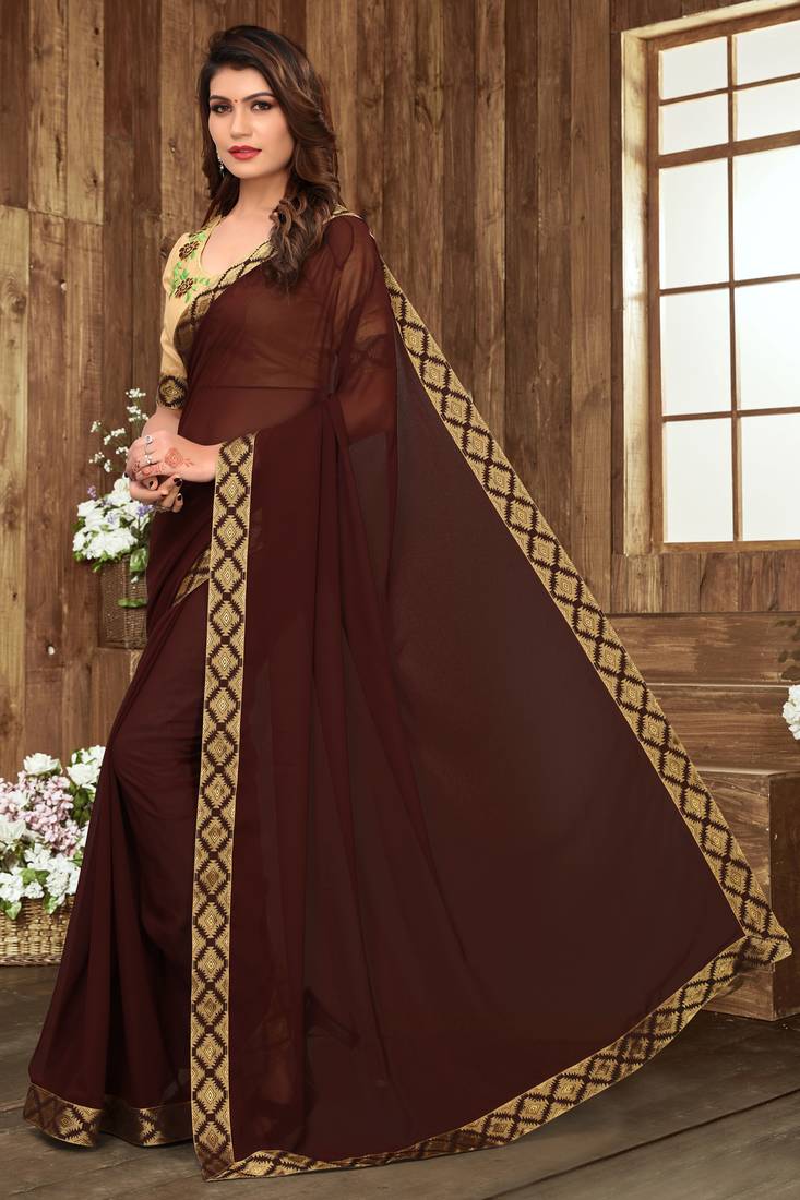 Brown plain georgette saree with blouse - Hirvanti Fashion - 2986071