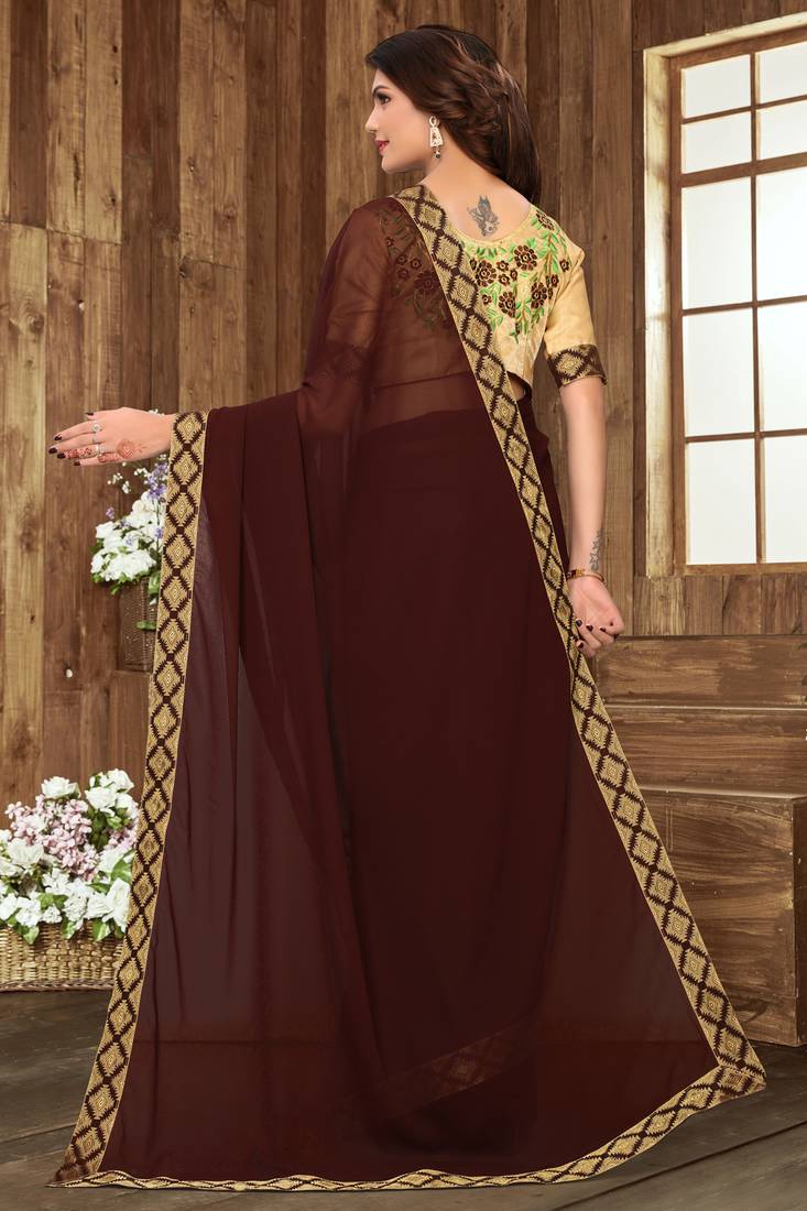 Brown plain georgette saree with blouse - Hirvanti Fashion - 2986071
