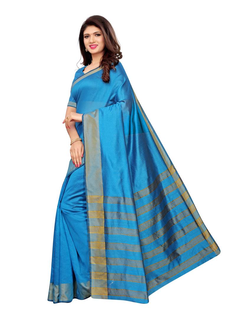 Blue Woven Chanderi Saree With Blouse - Satrani Fashion - 2986533