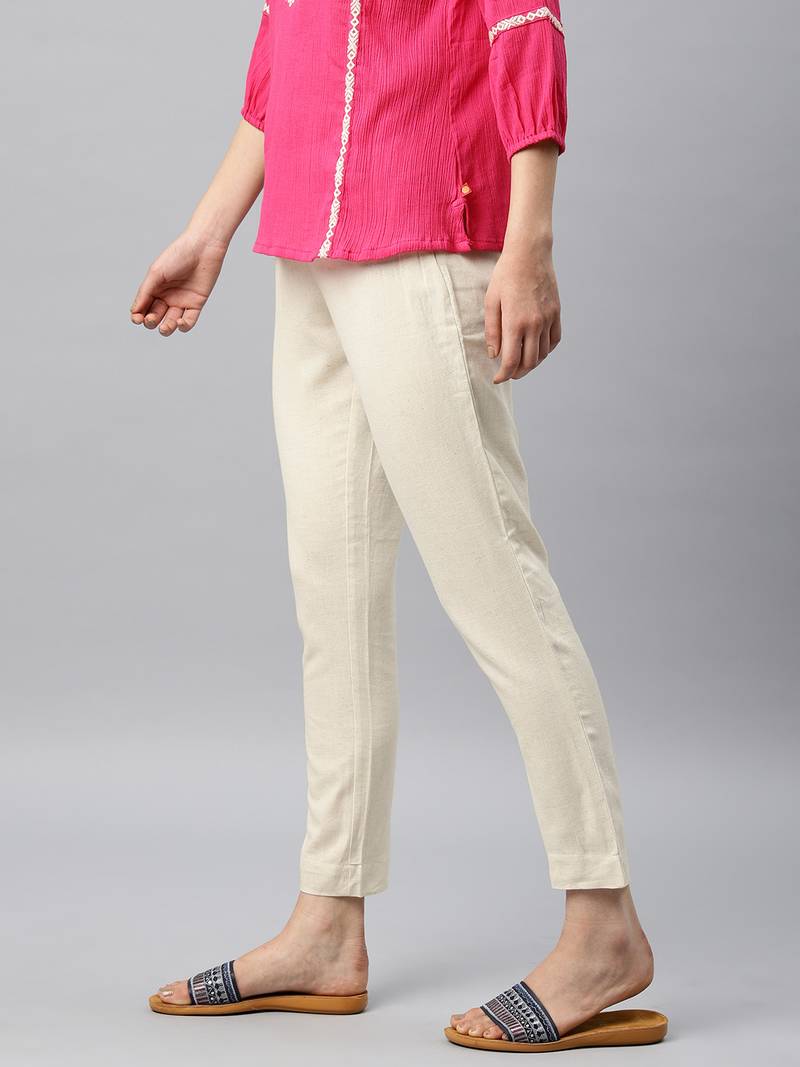 Women Off-White Regular Fit Solid Cigarette Trousers - Alena - 2988406