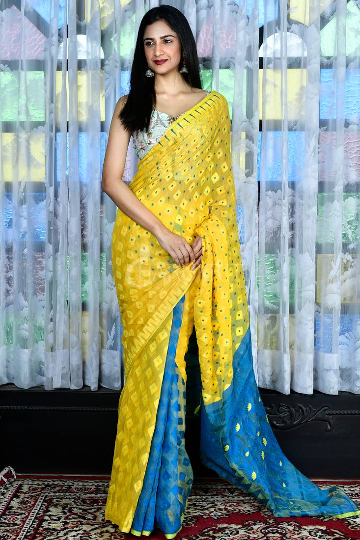 Bumblebee And Cornflower Blue Jamdani With All Over Thread Weaving ...