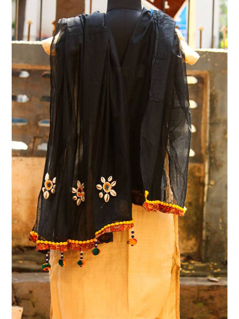 Black Coloured Shell Worked Designer Cotton Silk Dupatta - Aspire High ...