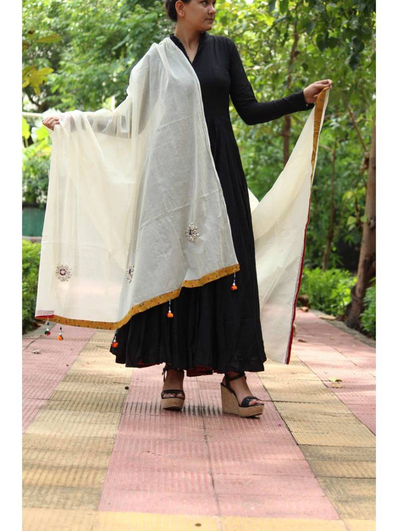 White Coloured Shell Worked Designer Cotton Silk Dupatta - Aspire High ...