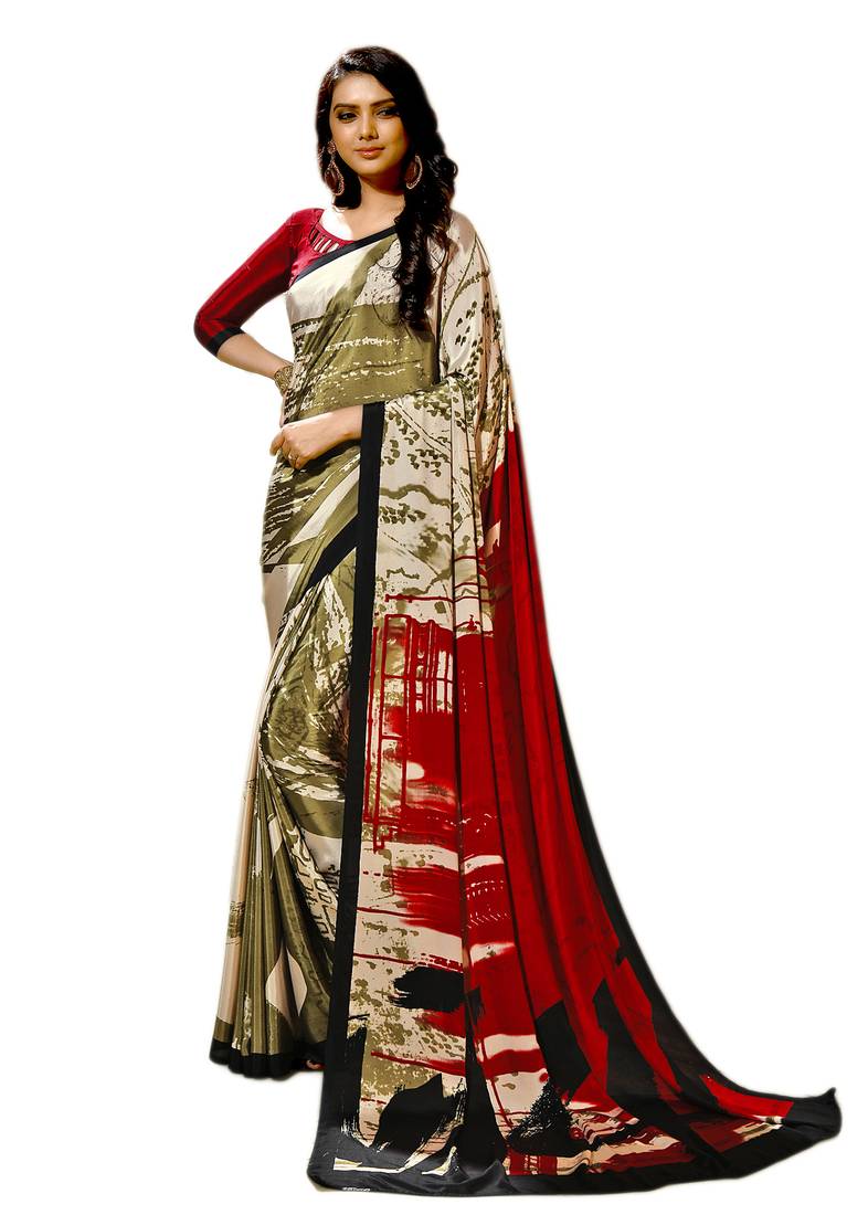 Red printed crepe saree with blouse - Tadla - 2992400