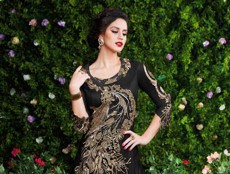 black coloured embroidered georgette semi stitched ethnic suits ...