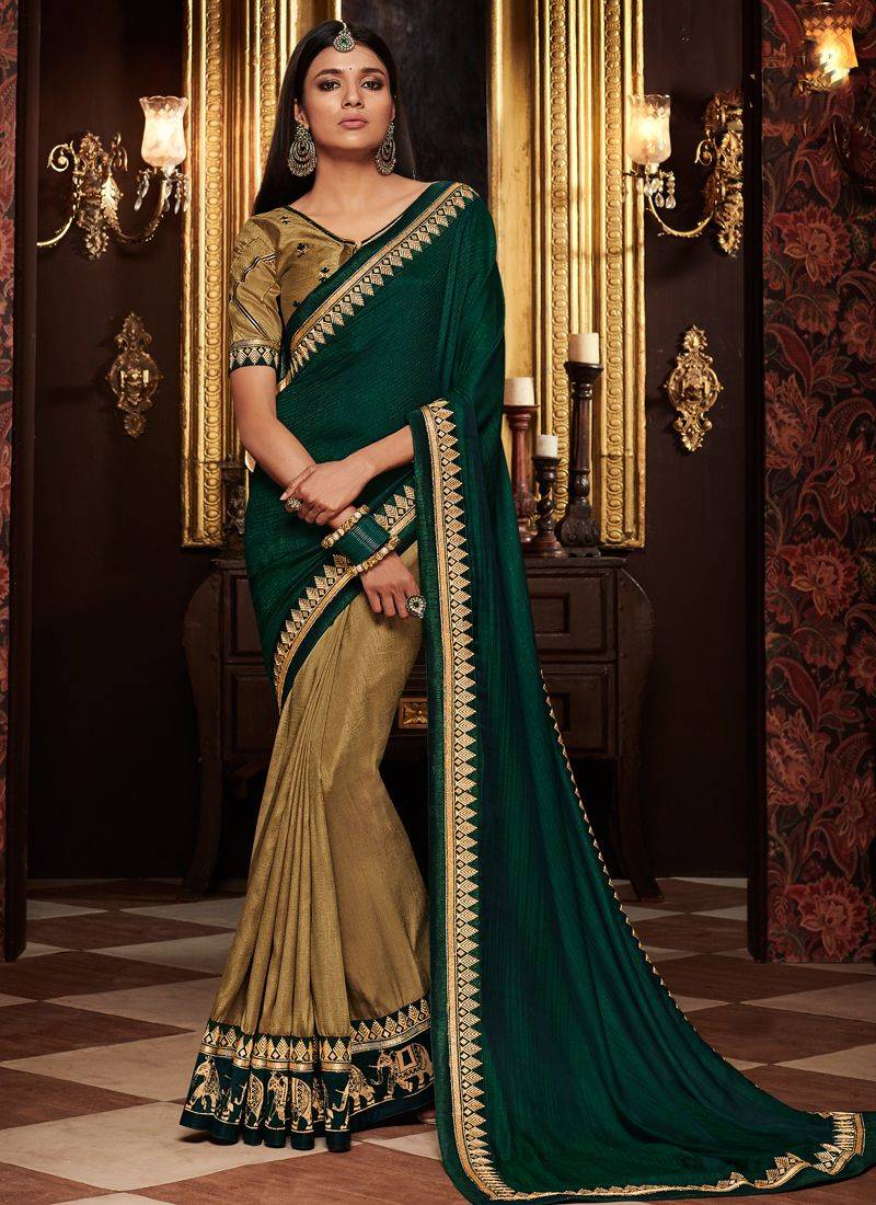 Dark green embroidered silk saree with blouse - Chahat Art Gallery ...