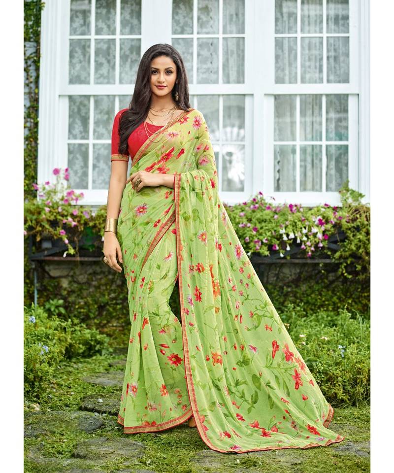 green printed georgette saree with blouse - Shaily - 2997741