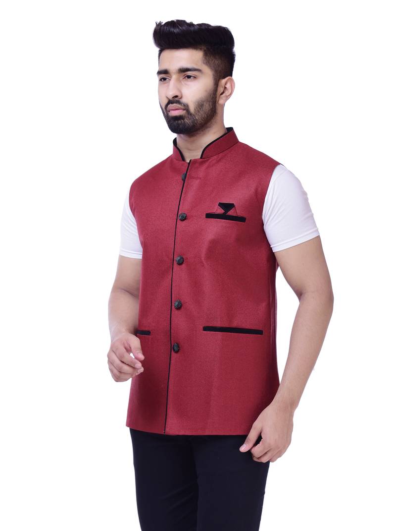 Maroon Solid Jute Sleeveless Modi Jacket - Qalamkari - 2999480