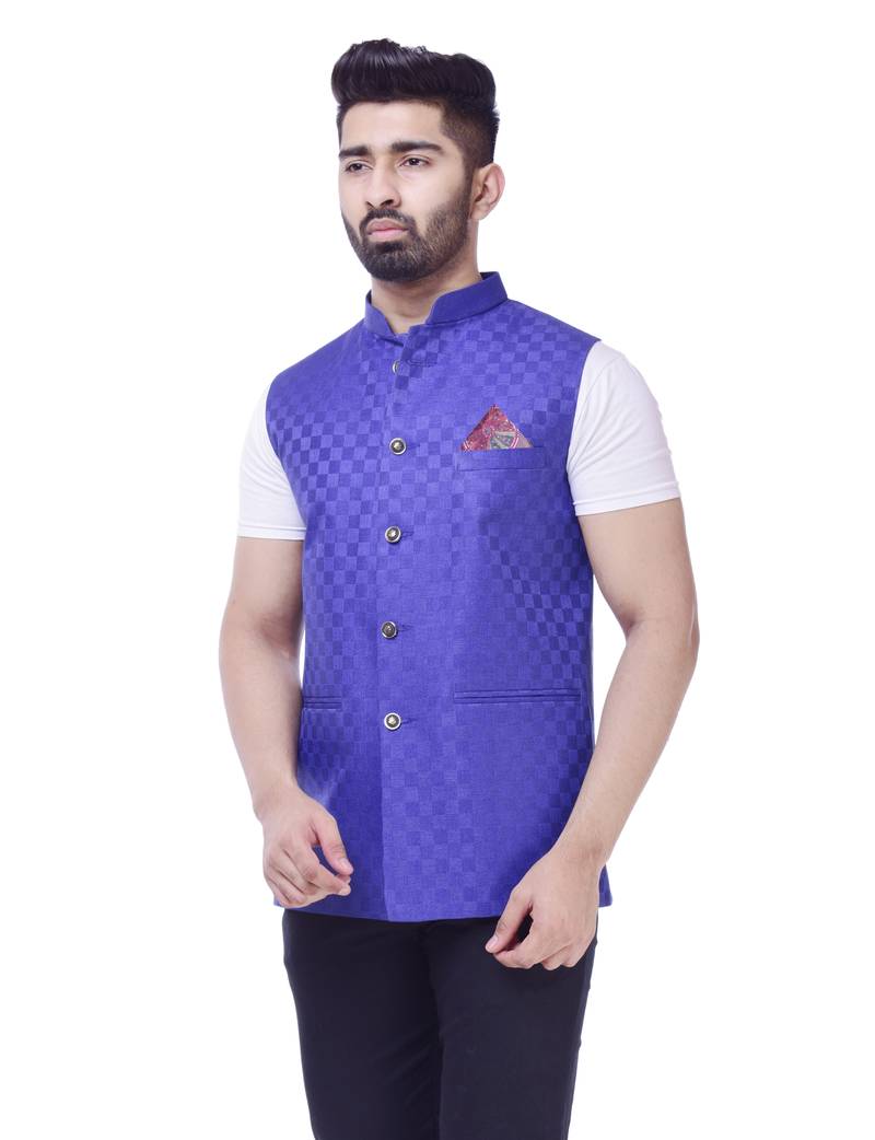 Blue Solid Checks Jute Sleeveless Modi Jacket - Qalamkari - 2999496