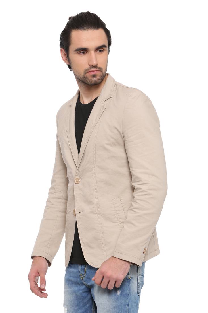 Beige Solid Single Breasted Casual Men Blazer Showoff 2999649