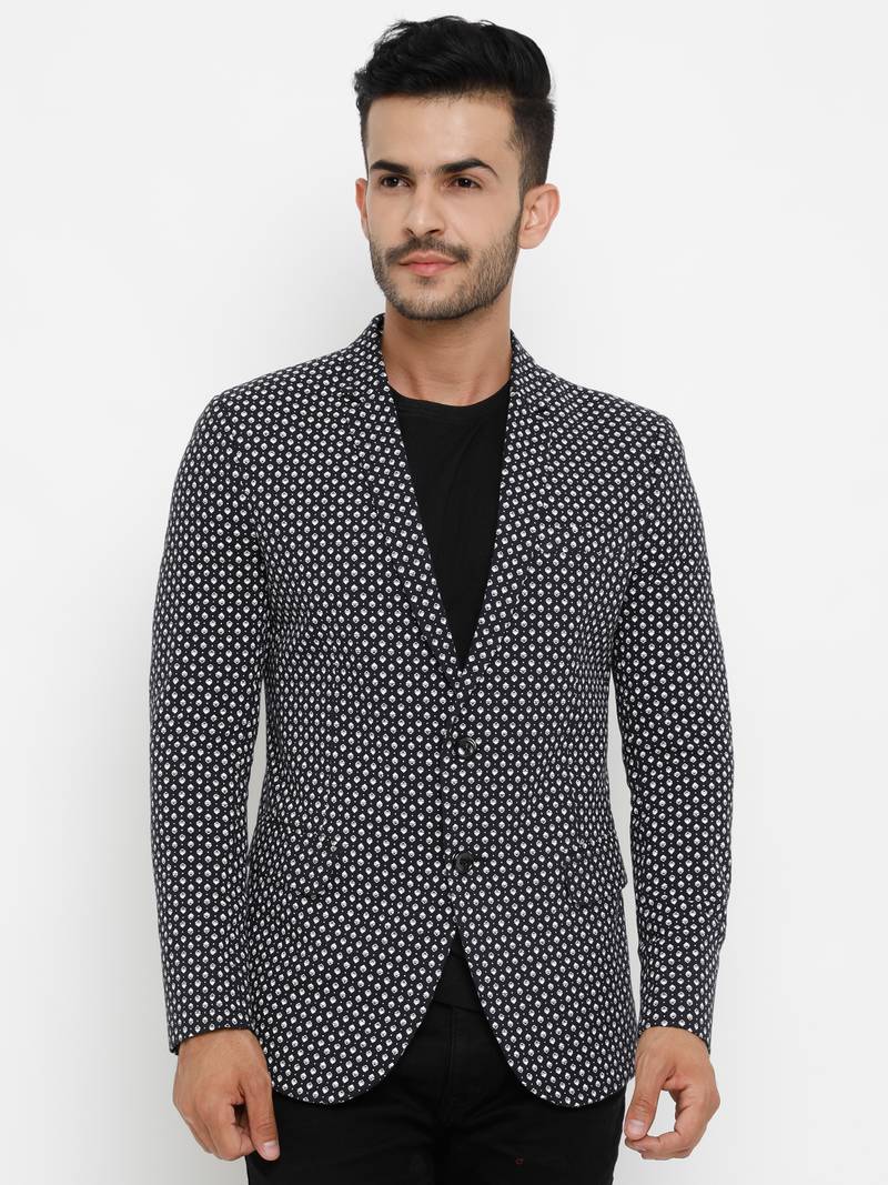 Black Printed Checked Breasted Casual Men Blazer - SHOWOFF - 2999771