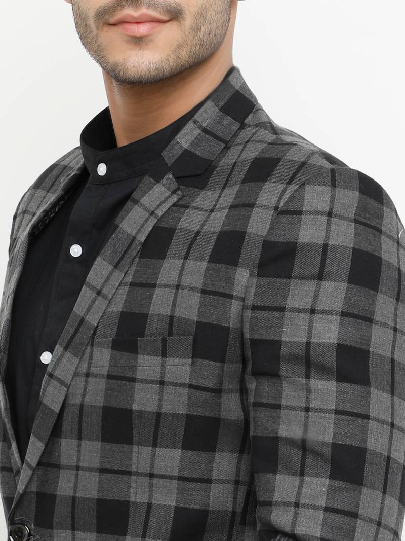 Grey Checked Single Breasted Casual Men Blazer - SHOWOFF - 2999835