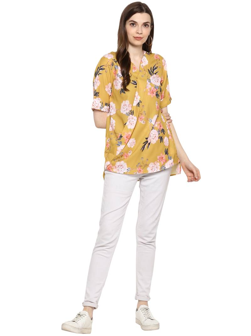 Yellow printed polyester sleeveless-tops - Ahalyaa - 3000483
