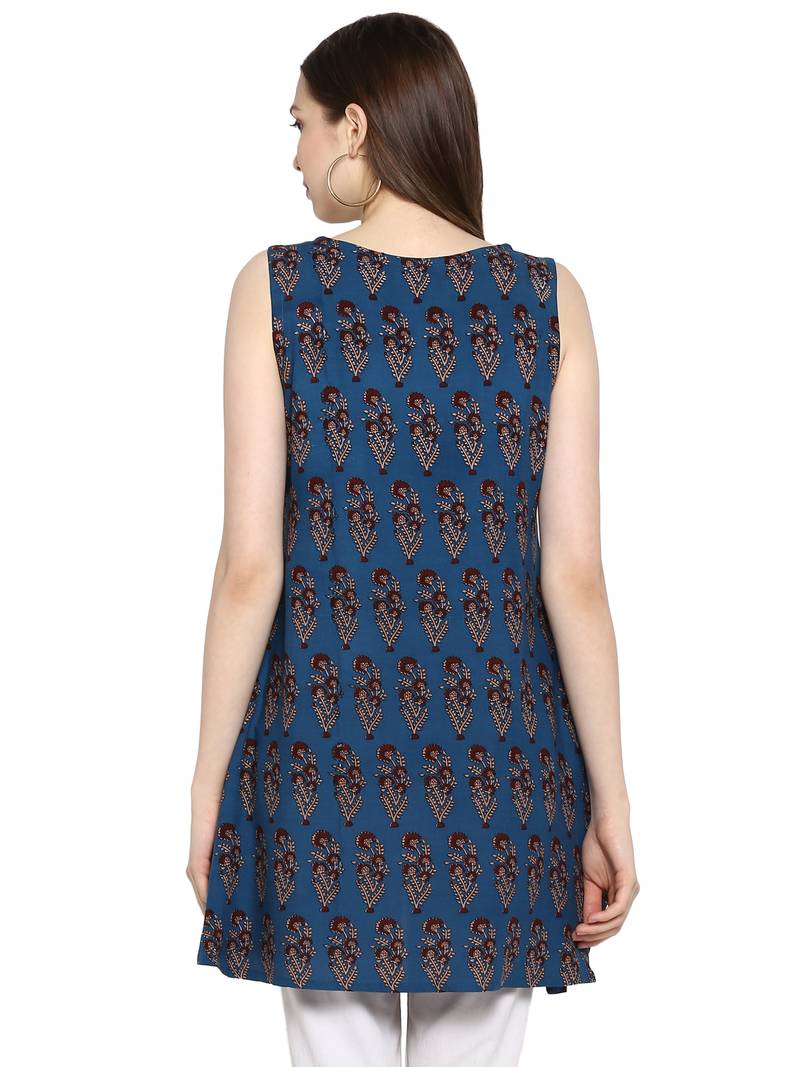 Blue printed rayon sleeveless-tops - Ahalyaa - 3000489