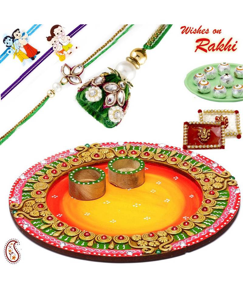 Lovely Shades Round Rakhi Pooja Thali With Family Rakhi Set - Aapno ...