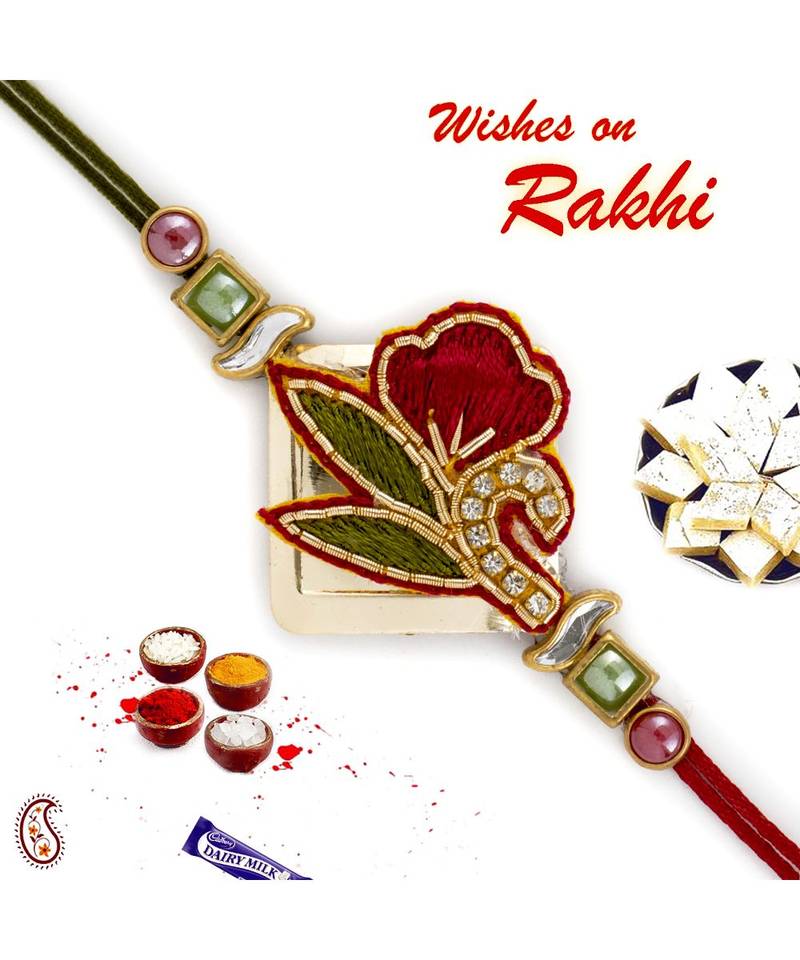 Green & Red Floral Zardosi Rakhi With Mulitcolour Beads - Aapno ...