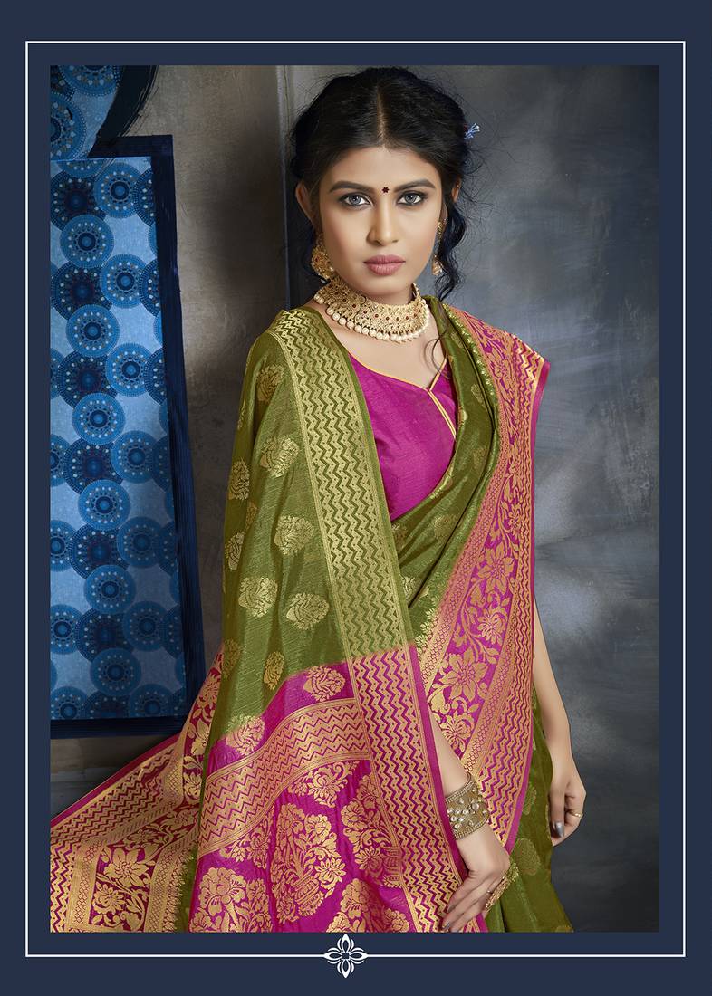 Green printed nylon saree with blouse - Candycane Merchants - 3006095