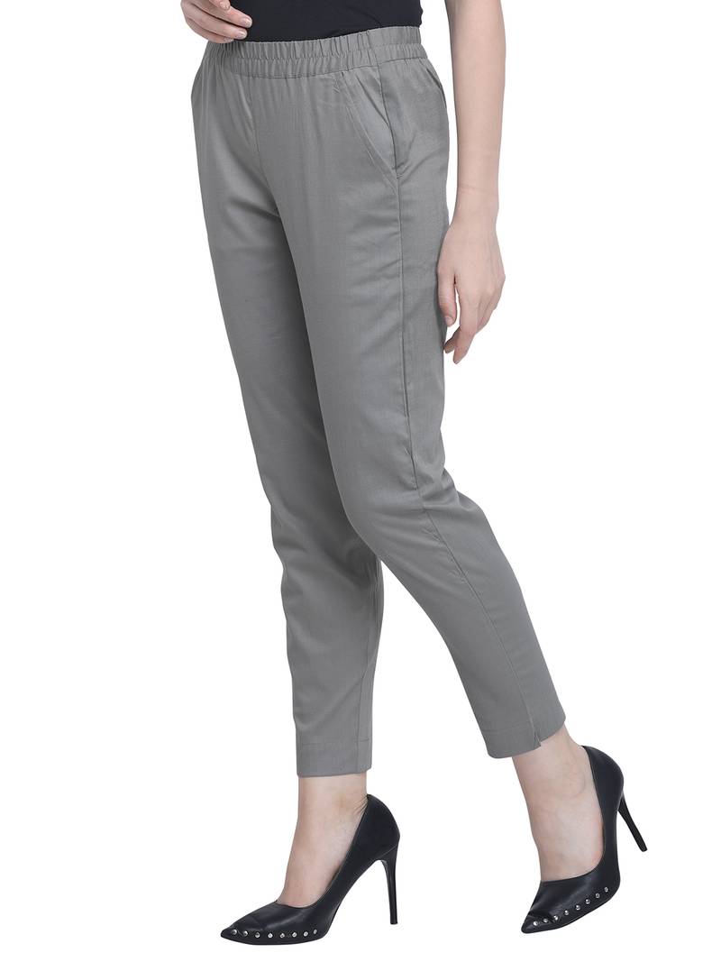 Grey Lycra Slub CottonPlain Fancy Trousers - Vastrang - 3009097