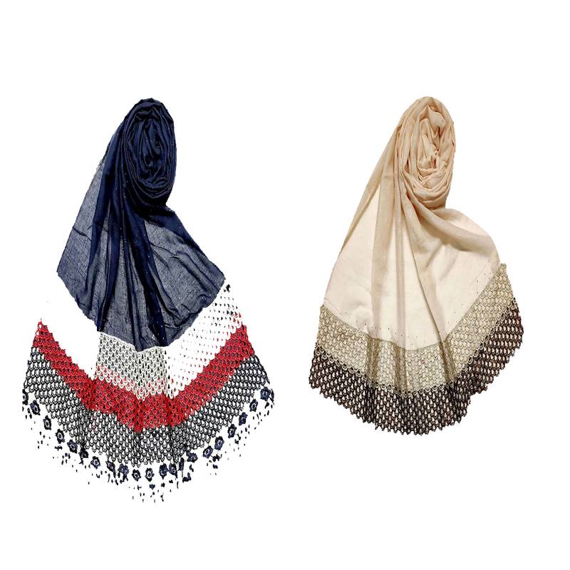 Stole For Women - Set Of 2- Premium Cotton Three Liner Bordered Stole ...